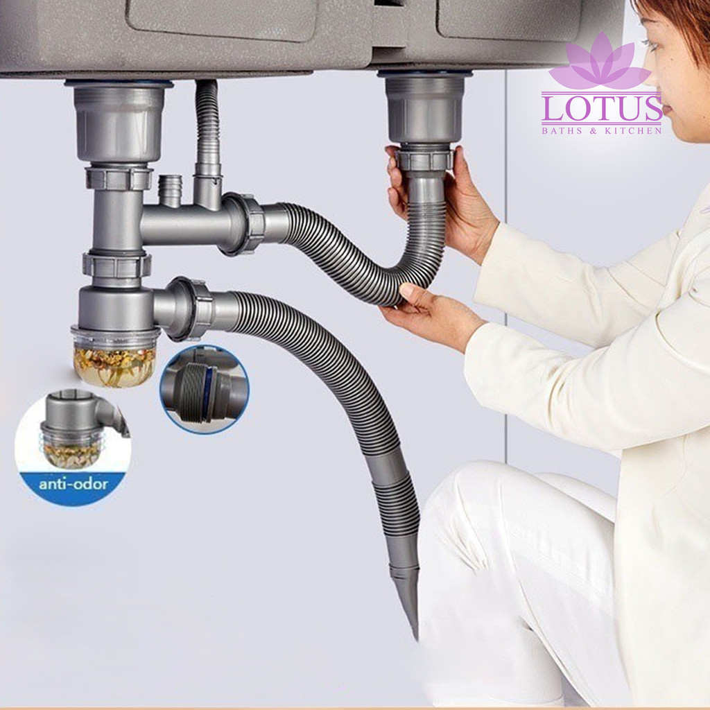 Lotus Baths Stainless kitchen Double Sink P-trap Hose and Sink Strainer ...