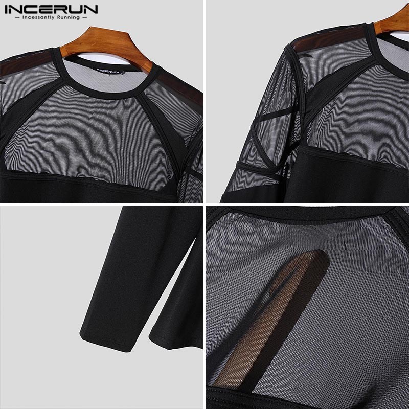INCERUN Men Vintage Mesh Patchwork Solid Color Deconstructed Long ...