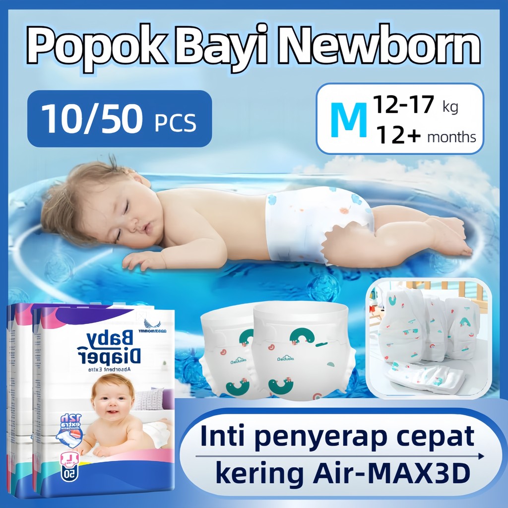 10/50pcs Baby Diapers M Pants Adhesive Taped Disposable Tapped Diaper ...