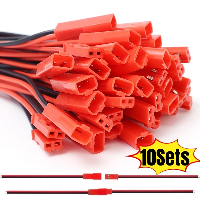 10Sets JST-2P Male Female Connector Plug 100mm 200mm LED Red Black ...