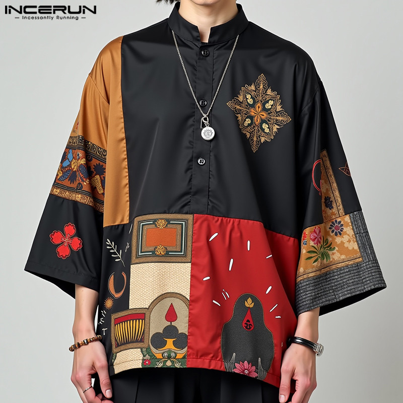 INCERUN men's printed ethnic style seven quarter sleeved shirt | Shopee ...