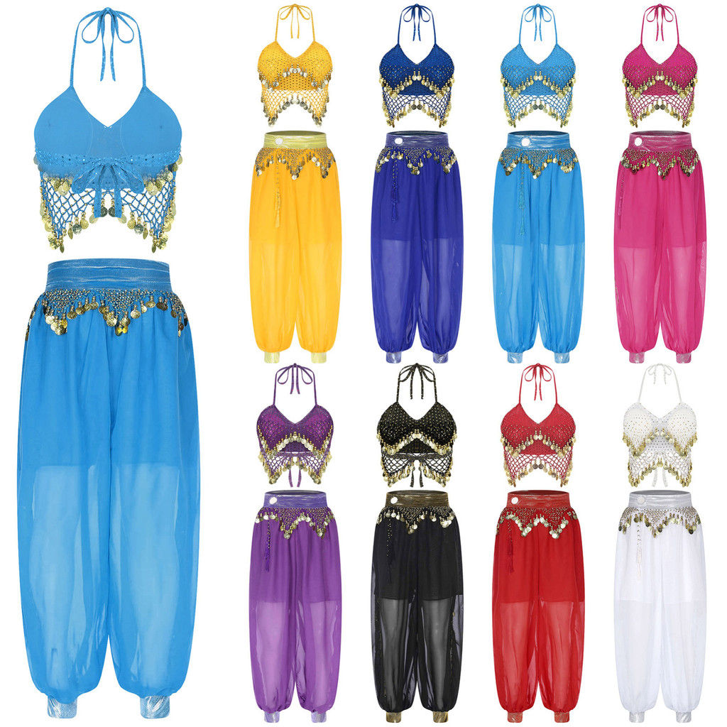 inlzdz 2Pcs Women Belly Dance Costume Halter Neck Sequins Plastic Beads ...