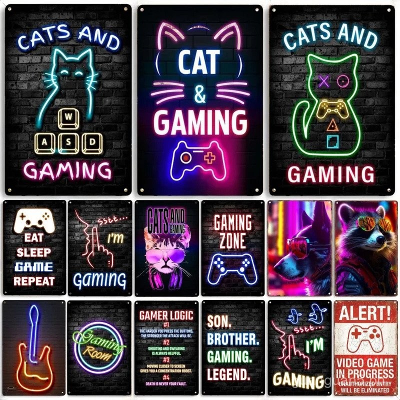 Funny Neon Cats Gaming Metal Tin Sign Plaque Gaming Zone Retro ...