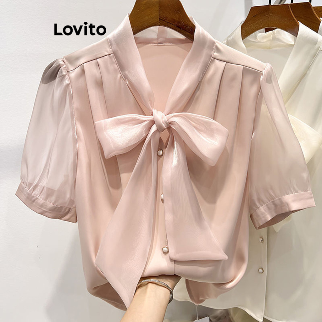 Lovito Women Elegant Plain Tie Front Fabric Stitching Sheer Blouse ...