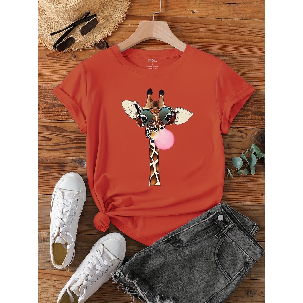 Chic Giraffe Print T-Shirt for Women - Soft Polyester Blend, Stretchy ...
