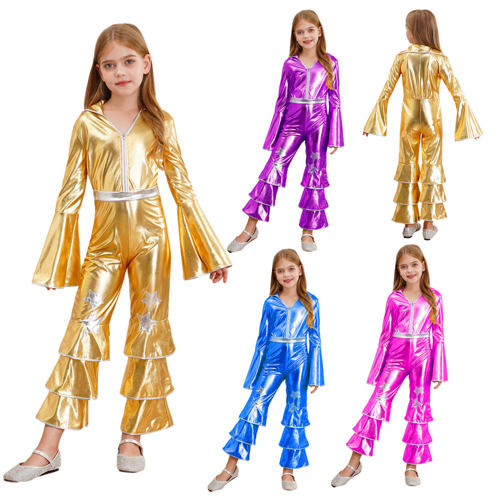 Yeahdor Kids Girls 1970s Disco Costume Disco Dance Bodysuit Long Flare ...