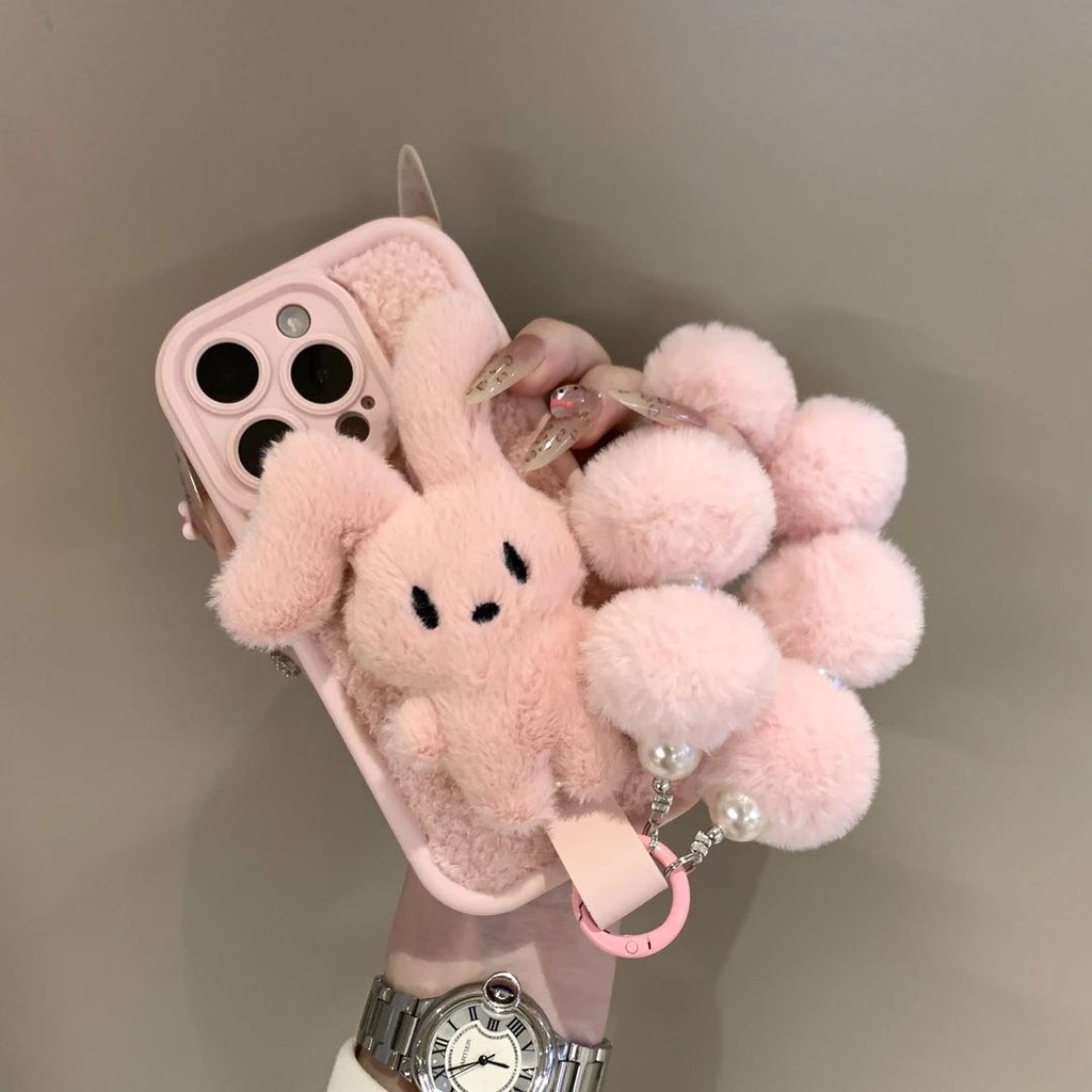 Cute pink three-dimensional folding ear rabbit plush mobile phone case ...