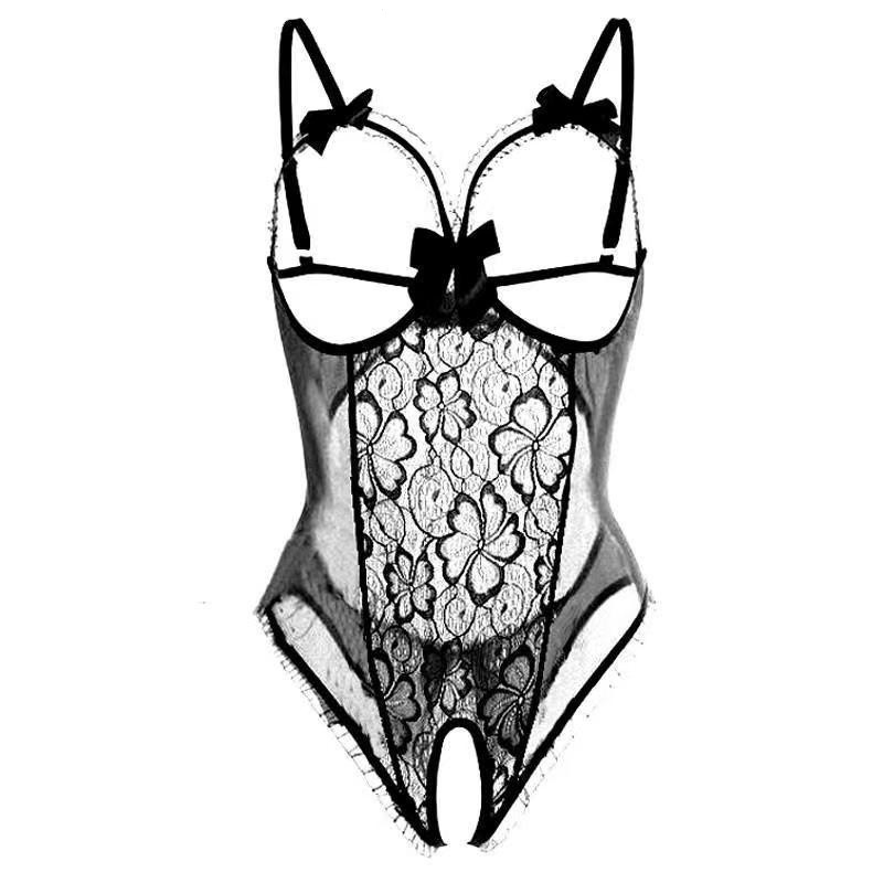 Large Size Sexy Lingerie Silver Lace Bow Open Crotch Exposed Breasts ...