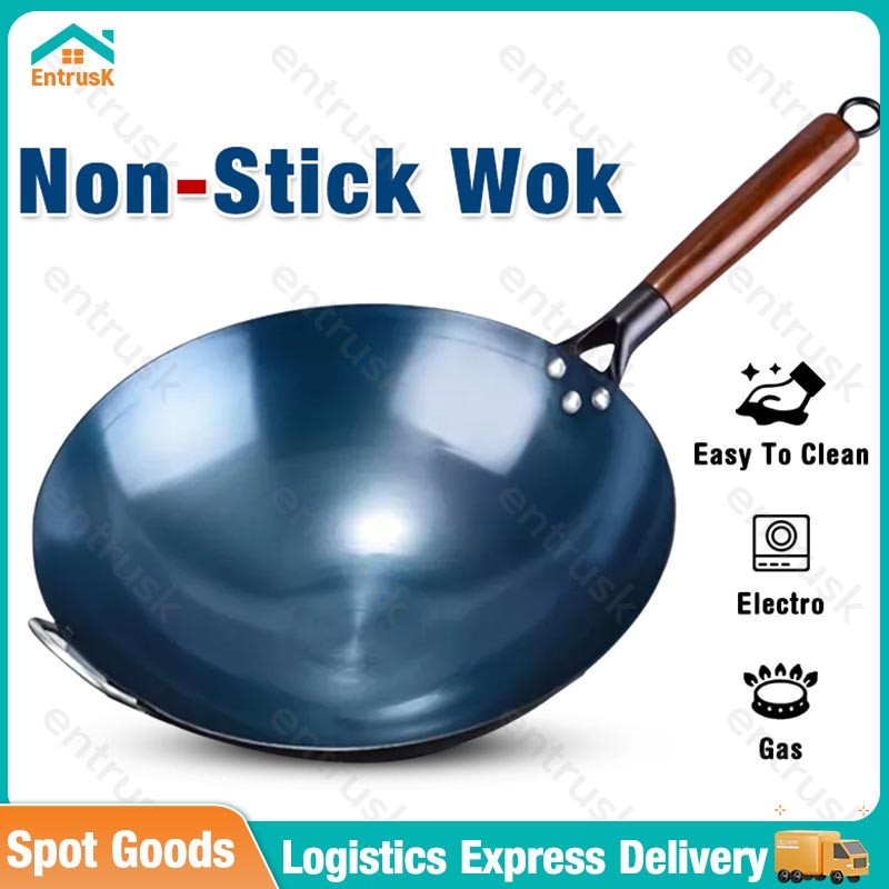 Kawali Wok Non Stick Black Heavy Duty Carbon Steel Wok 32/34/36cm ET | Shopee Philippines