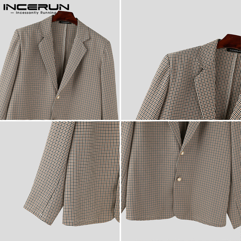 INCERUN Men Vintage Checkered Print Long Sleeve Design Casual Blazer ...