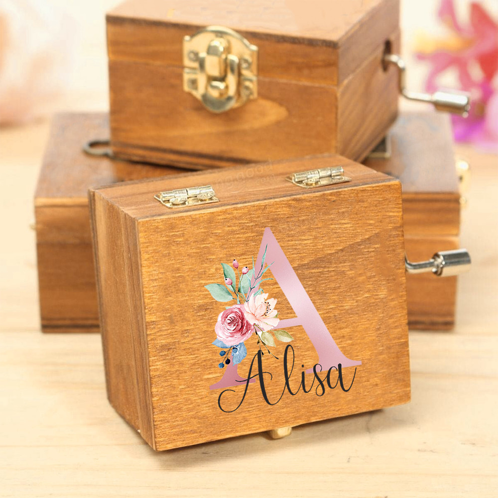 Personalized Flower Initial Printed Music Box Custom Name Hand-Crank ...