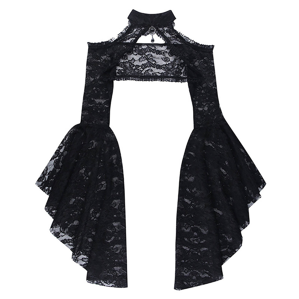 Oyolan Womens Gothic See-Through Lace Shrug Cold Shoulder Flared Sleeve ...