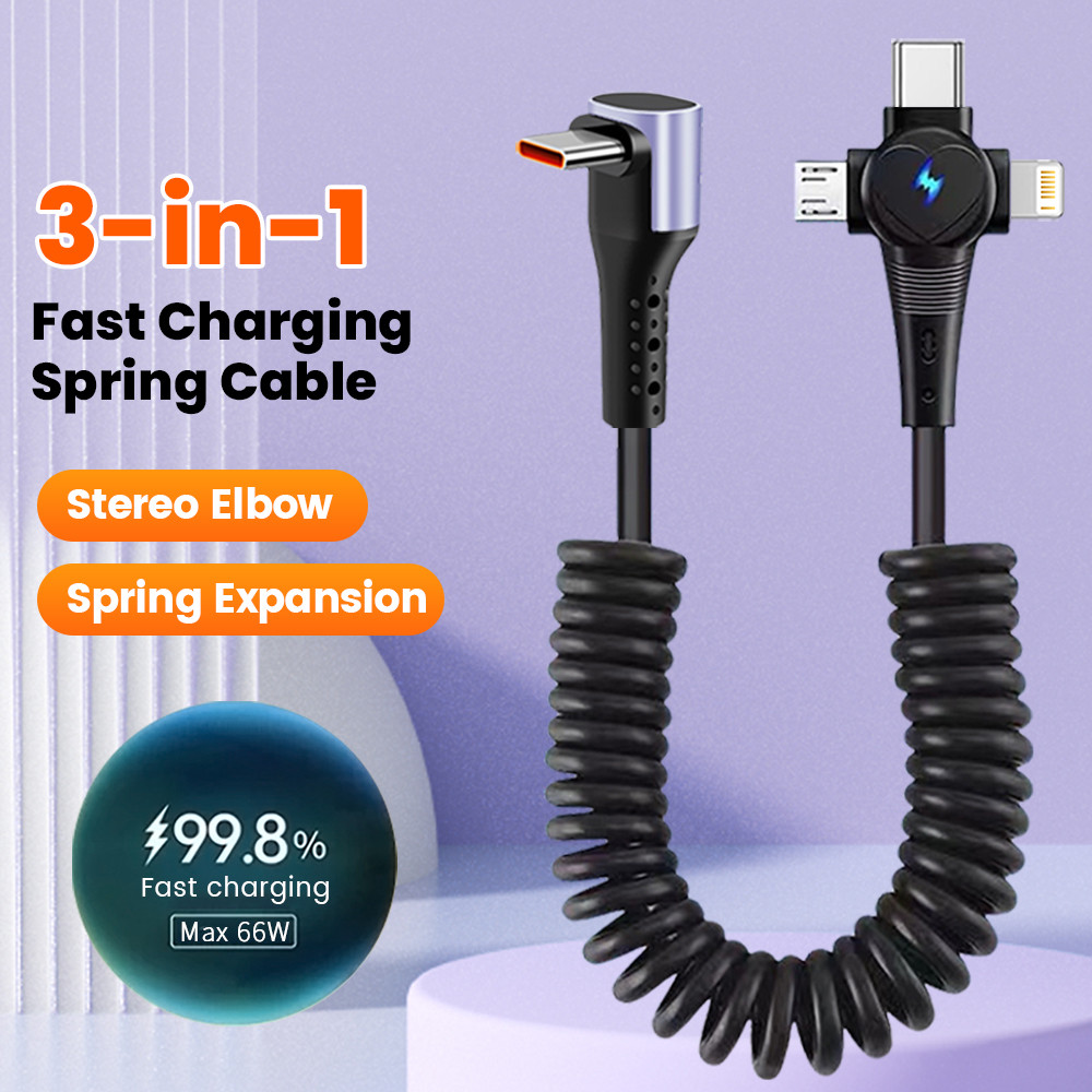 3 in 1 6A Spring Fast Charging Cable USB Type C Fast Charging Data Cord ...