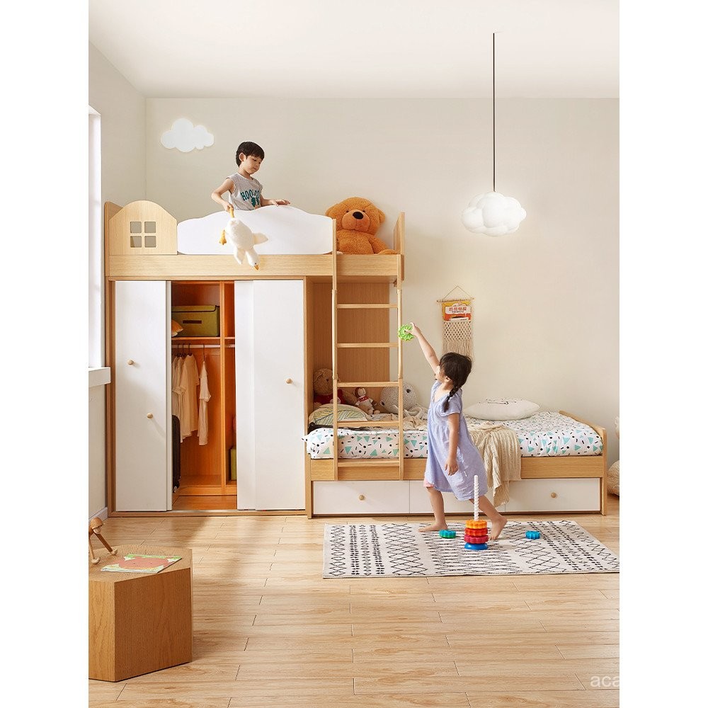 Stacked Bunk Bed Double Layer Bed Children's Wardrobe High and Low Bed ...