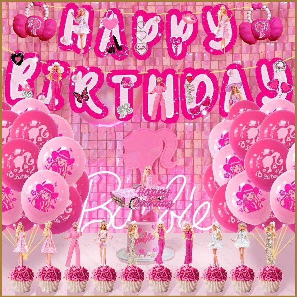 Barbie theme kids birthday party decorations banner cake topper ...