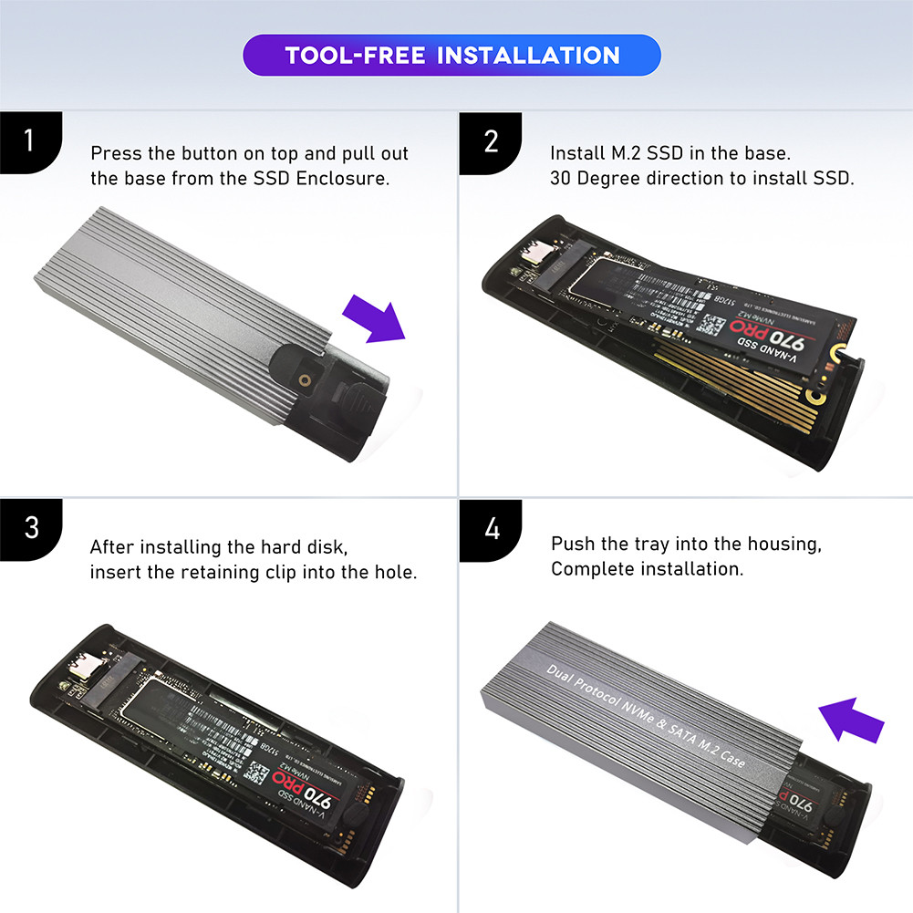 USB3.2 To M.2 NVME Hard Drive Enclosure 10Gbps PCIe 6Gbps SATA External ...