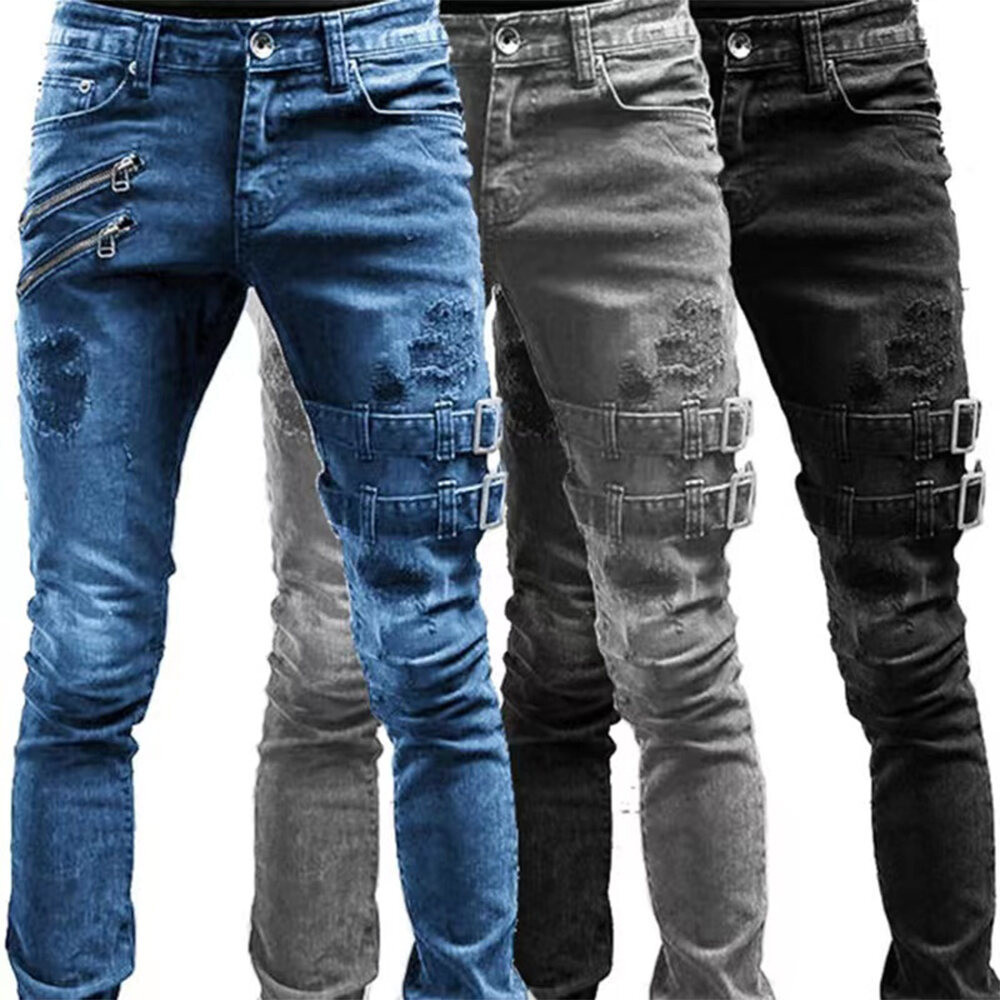Retro Moto Biker Straight Elastic Jeans Men Zipper Hole Streetwear Punk ...