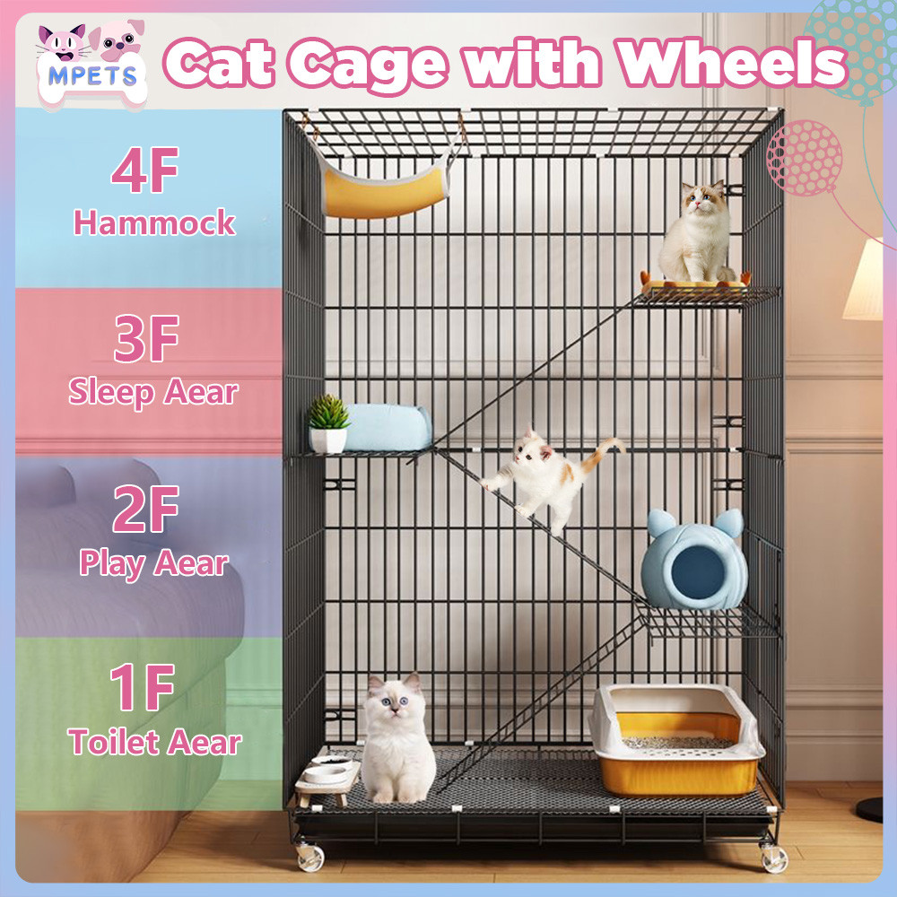 Foldable Cat Cage 4-Tier Pet Cage With Wheels Large Platform Cat House ...