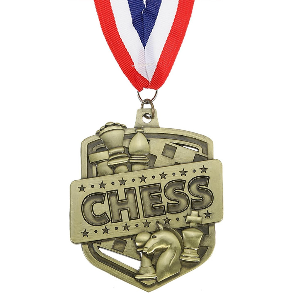 1 pcs Chess Tournament Gold Award Medals with Red & White & Blue ...