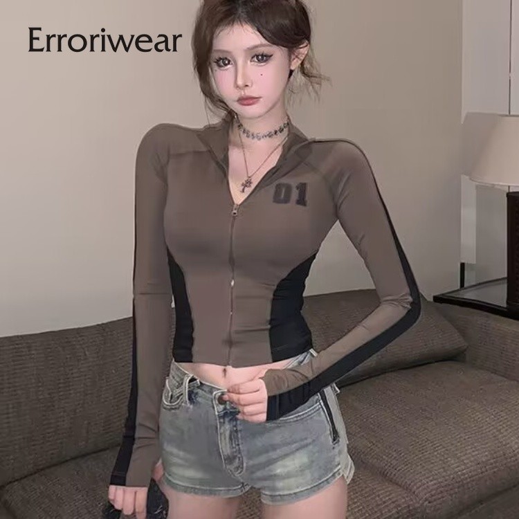 Erroriwear Women Casual Shirt Contrast Color Turn Down Collar Zippered ...