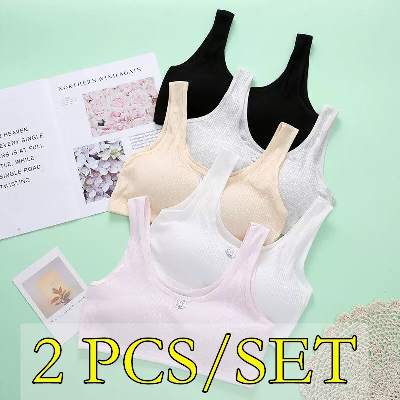 2PCS Cotton Bra For Teens Girls Underwear Crop Top Wide Band ...