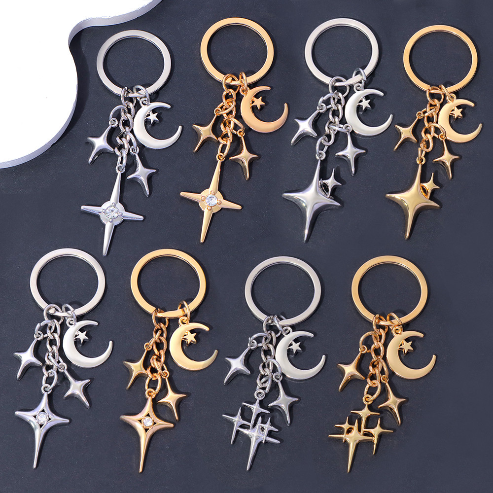 Creative Rhinestone Star Moon Keyring Simple Gold Silver Color Metal ...