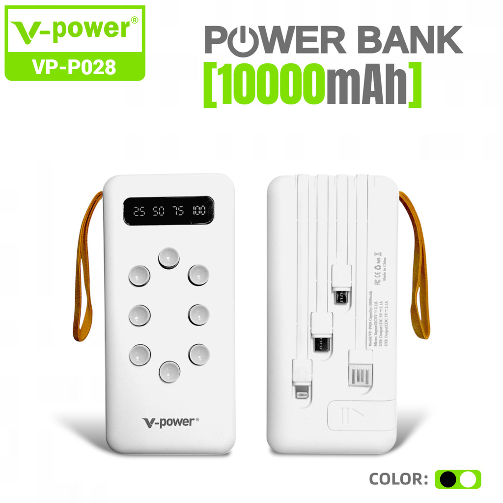 V-power P028 Power bank 10000mAh Fast Charge Built-in 4 Cables w/ LED ...