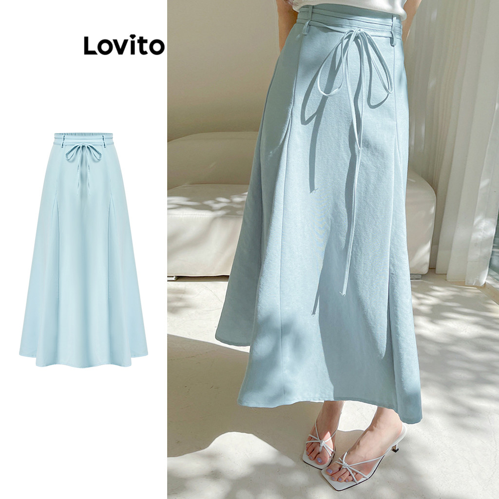 Lovito Women Elegant Plain Belted Ruffle Hem Structure Line Skirts ...