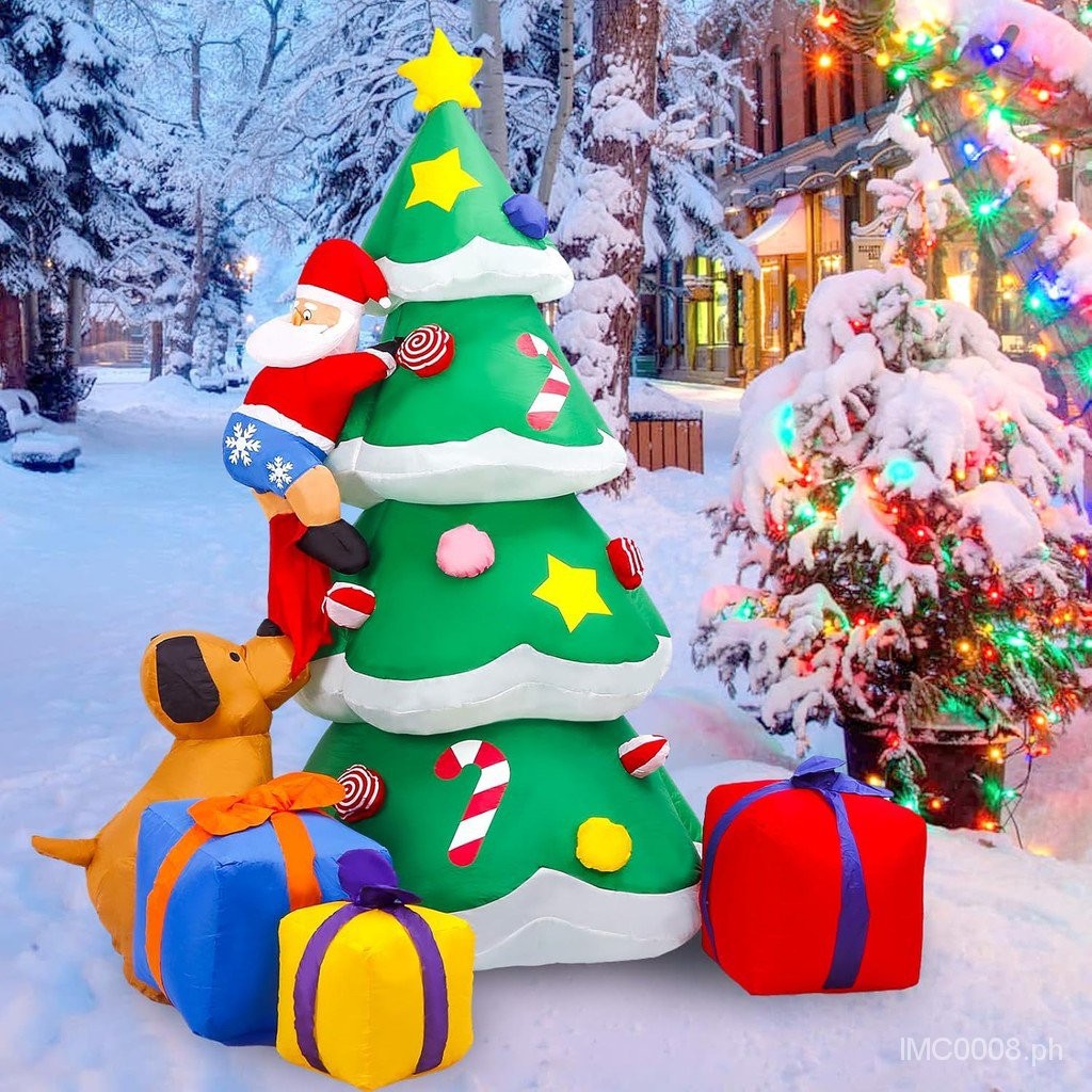 7FT Inflatables Lighted Christmas Tree, Dog Chasing Santa Claus, Blow ...