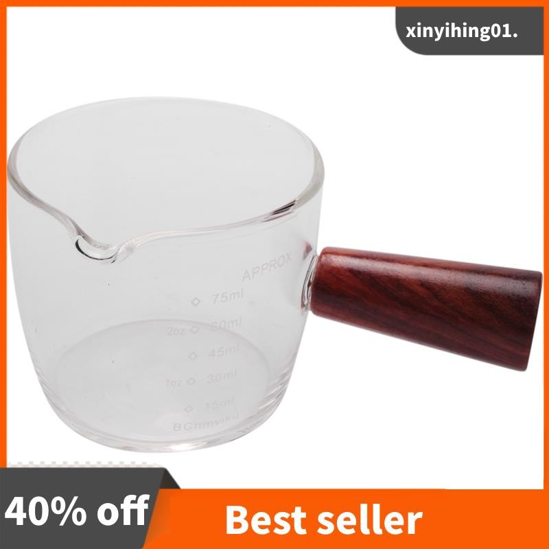 Glass Measuring Cup Espresso Shot Glass 75ML Triple Pitcher Barista Single Spouts with Wood ...