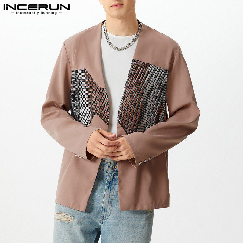 INCERUN Men Vintage Hollow Mesh Patchwork Long Sleeve Casual Blazer ...