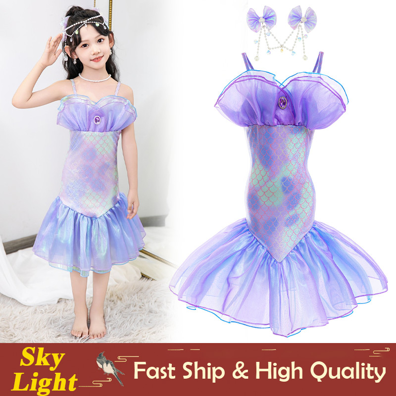 Princess Ariel Blue Purple Dress For Kids Girl Little Mermaid Mesh ...