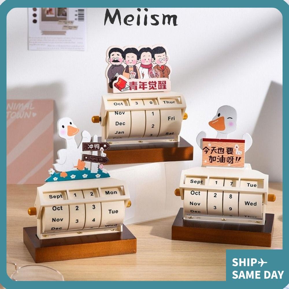 MEIISM Perpetual Calendar, Wooden Base Rotary Wheeling Calendar, Cute ...