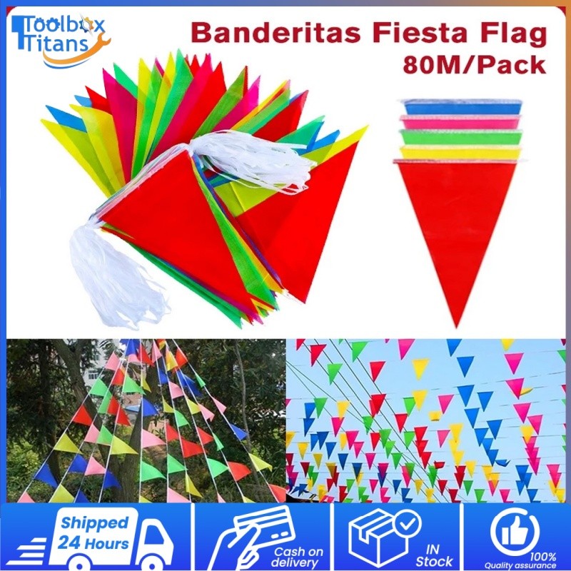 80M Fiesta Flag Multicolor Bunting Triangle Flags Birthday Party ...