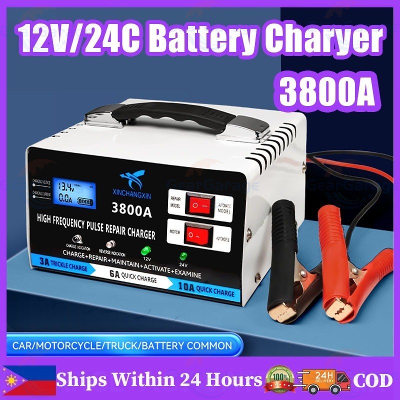 3800A Car Battery Charger Heavy Duty 12V 24V Intelligent Pulse Repair ...
