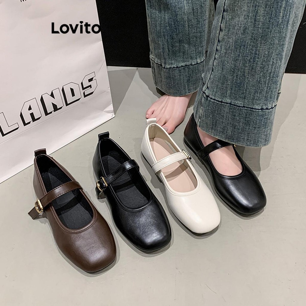 Lovito Women Elegant Plain One Word Buckle Shallow Mouth Minimalist ...