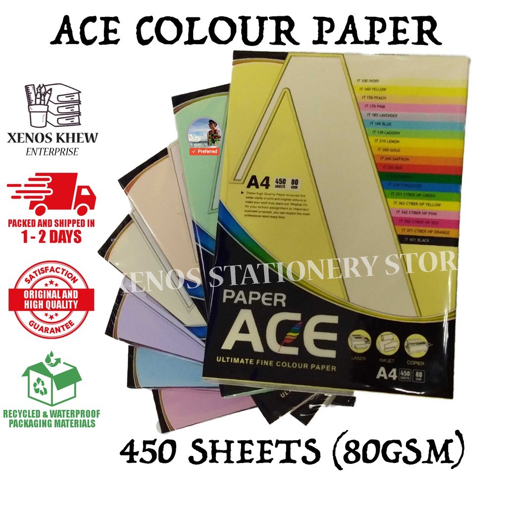 ACE A4 COLOUR PAPER 80GSM 450 SHEETS / A4 KERTAS WARNA 80GSM 450'S ...