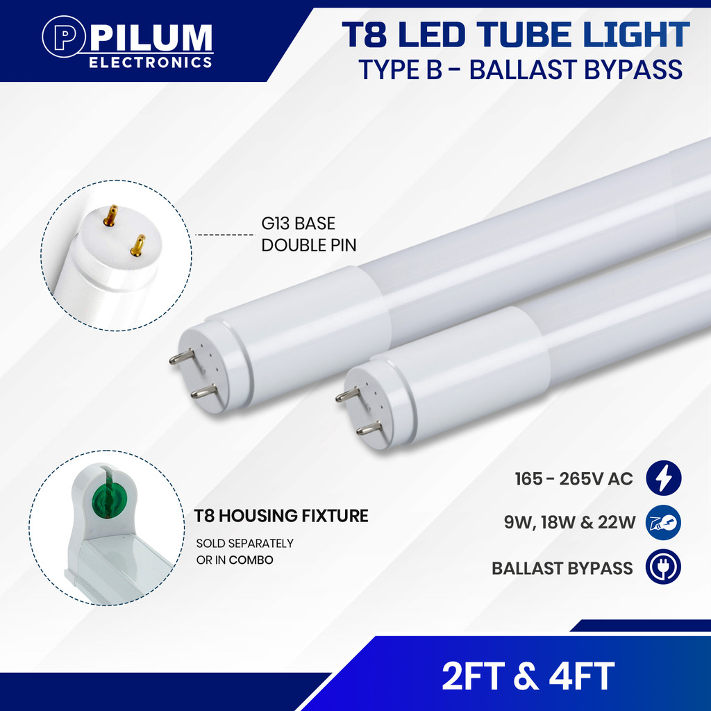 PILUM T8 LED Tube Light - 9W 18W 22W - Frosted Lens / TypeB T8 / Batten Housing Fixture / 2ft ...