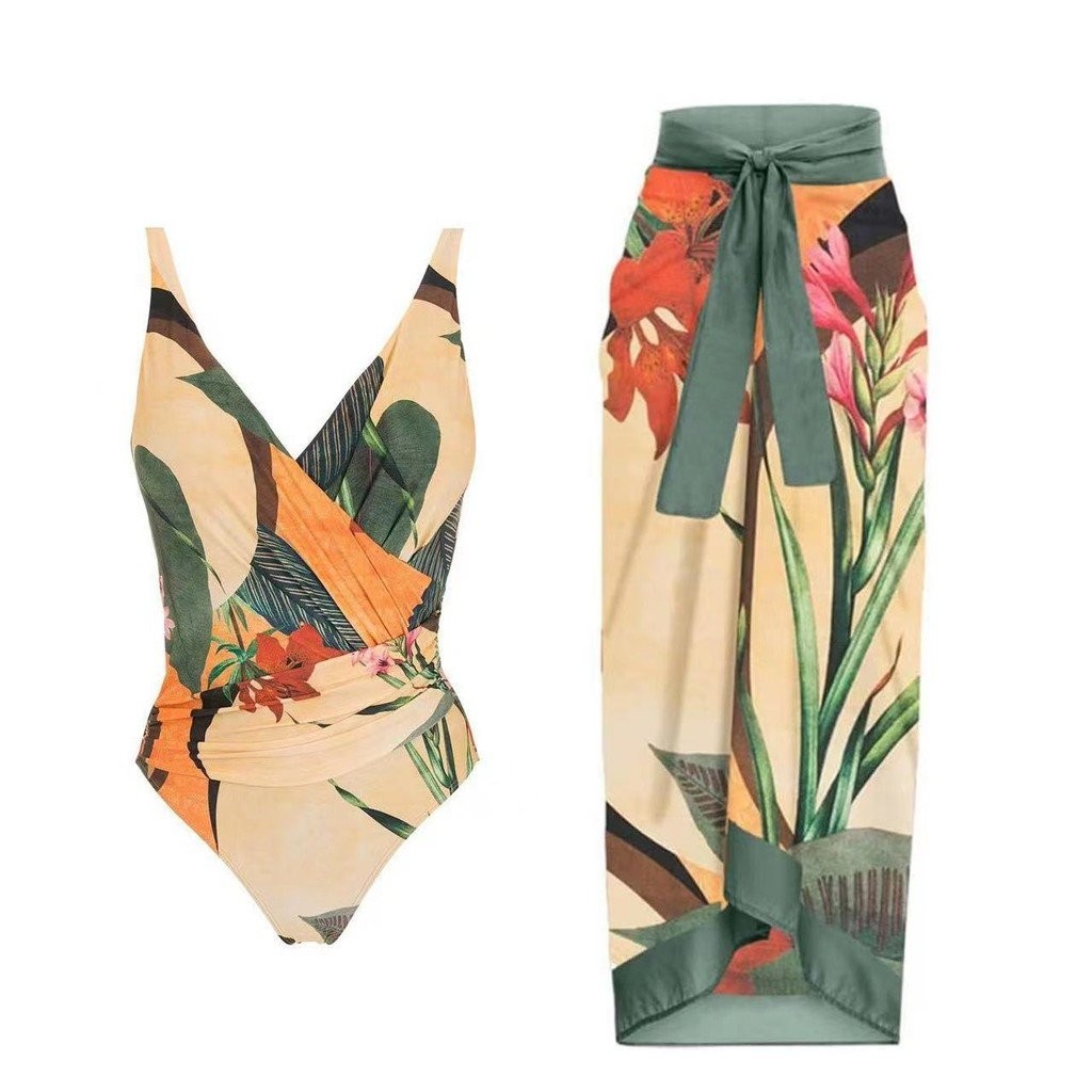 Western Style One Piece Bikini Swimsuit Cover Up Set Belly Concealing ...