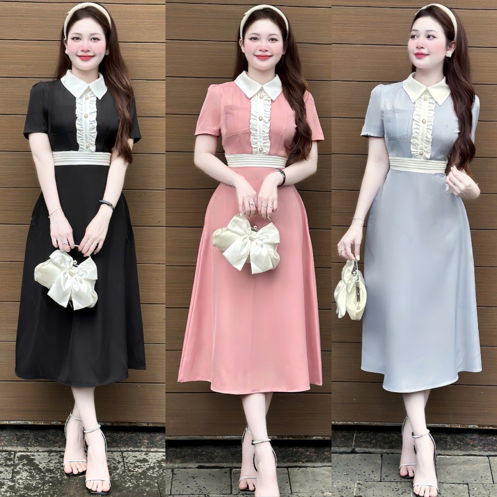 C10- Women's dress with ruffle design and pearl buttons, pleated waist ...