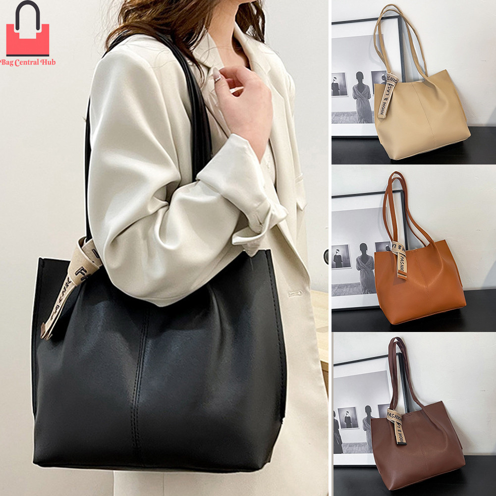 Plain Leather Shoulder Bag Large-Capacity Women Tote Bag Commuter Bag ...