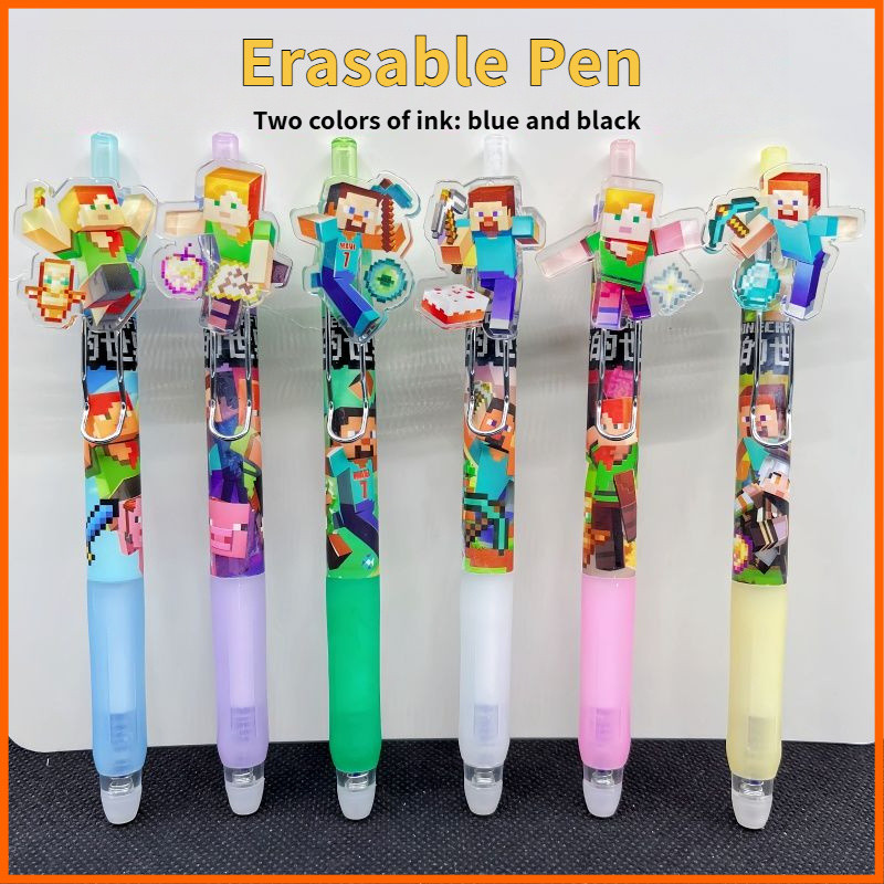 6 Erasable Pens, 0.5 Minecraft Cartoon Pens, Blue Black Student Pens ...