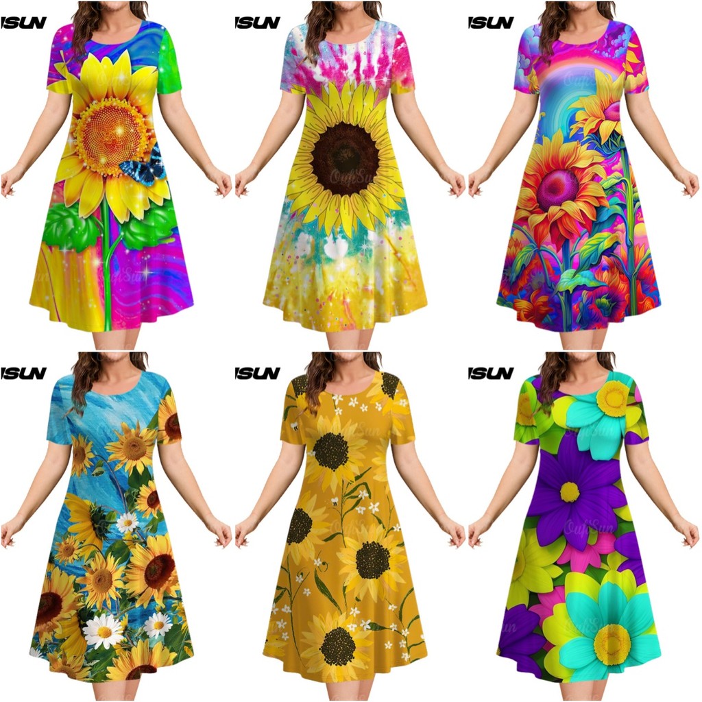2025 New Beautiful Women's Dress Colorful Sunflower Print Sublimation ...
