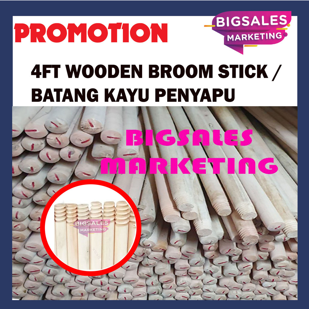 BIGSALES 4ft Wooden Broom Stick / 4 Wooden Feet Wooden Mop Broom Stick ...