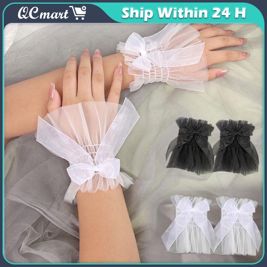 【Fast Shipment】Sweet Shirred Elastic Wrist Cuffs Solid Color Ruffled ...