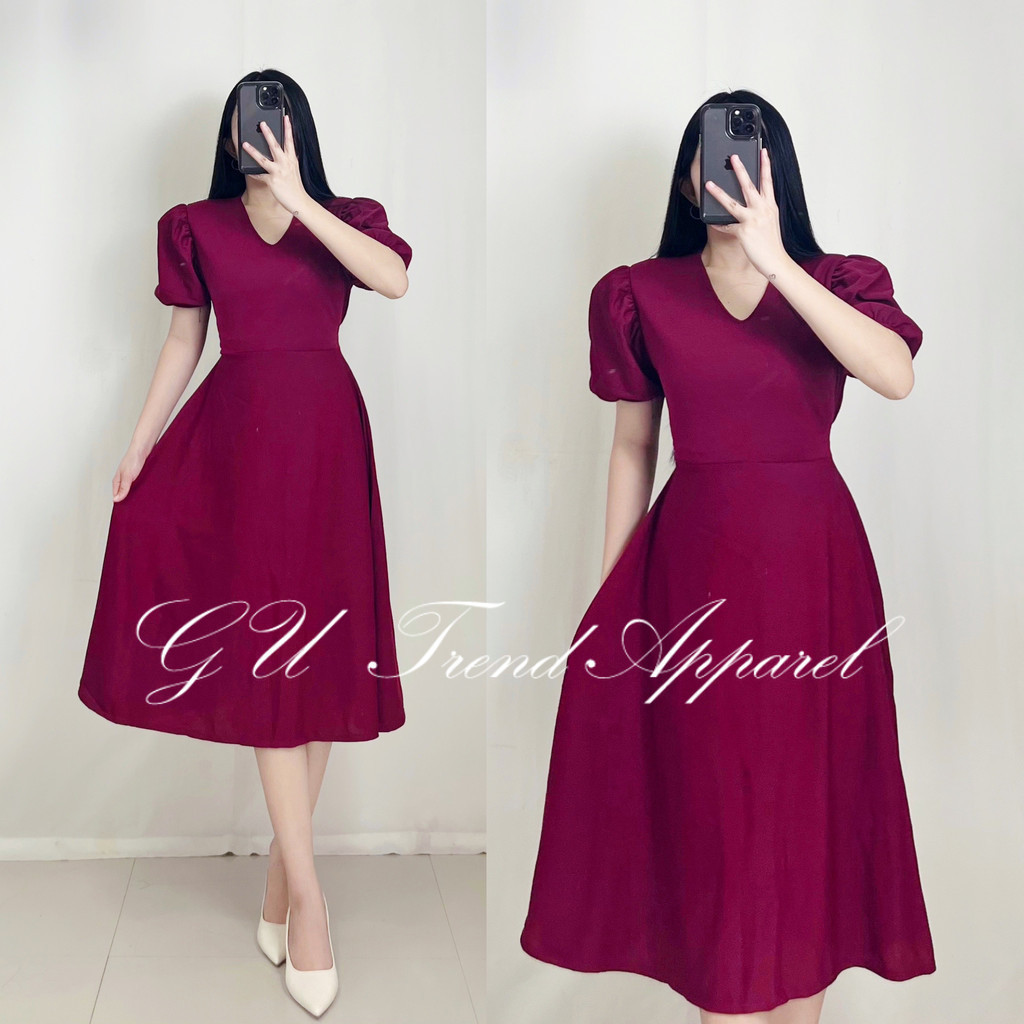 ZY PADDED PUFF SLEEVE BELOW THE KNEE V NECK MIDI DRESS | Shopee Philippines