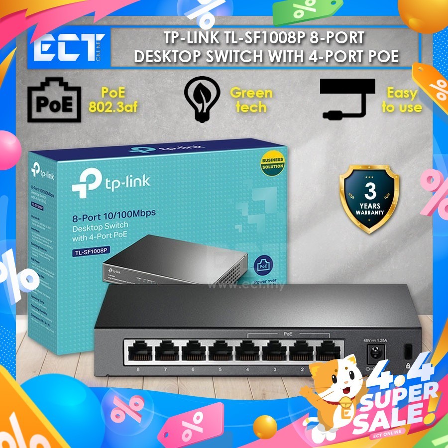 TP-Link TL-SF1008P 8 10/100Mbps RJ45 Ports Desktop Switch with 4-Port ...