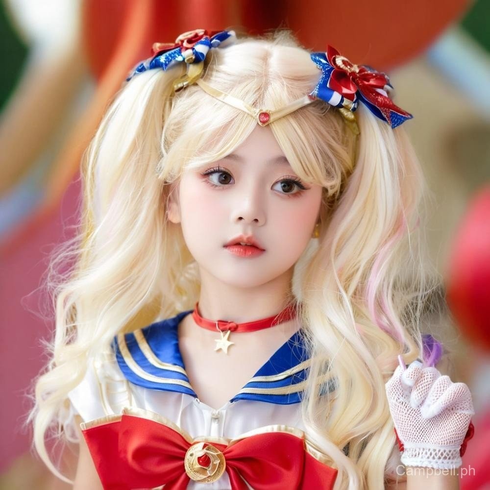 Sailor moon cos Children's Wig Female Pretty Girl Long Light Gold Curly ...