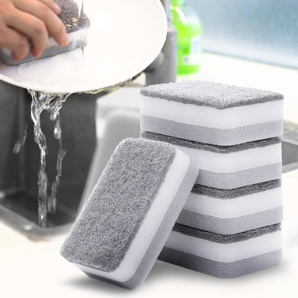 5pcsThree-Layer Double-side Sponge Scrub Dishwashing Pot Wipe Kitchen ...