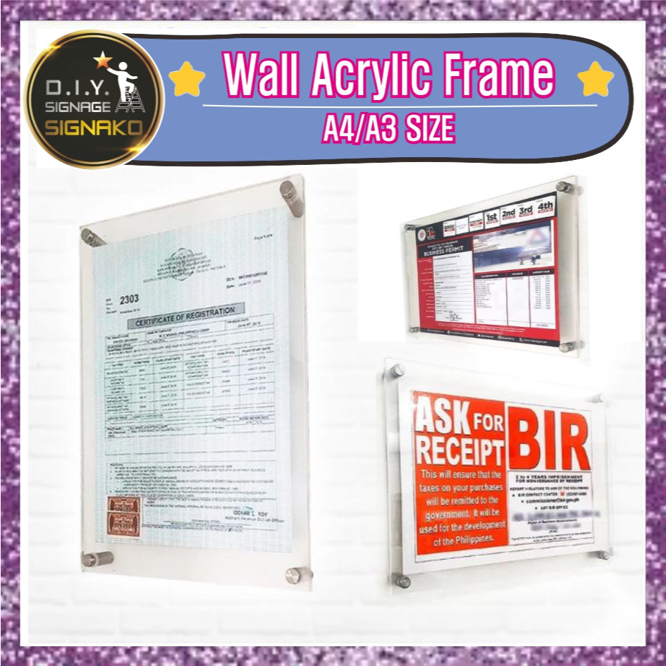 A4 A3 Size Wall Acrylic Frame / Office Business Permit Certificate ...